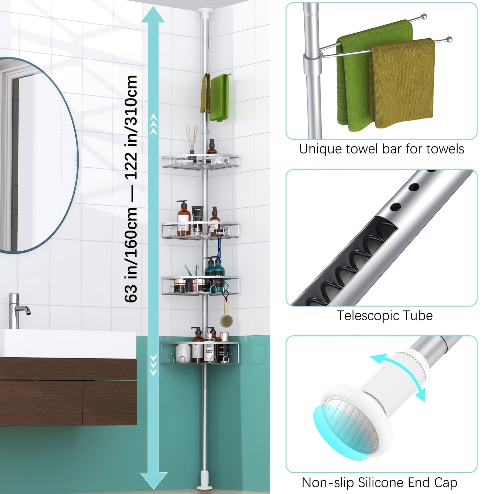 63in-122in Adjustable, Rust-proof Stainless Steel 4-tier Corner Shower ...