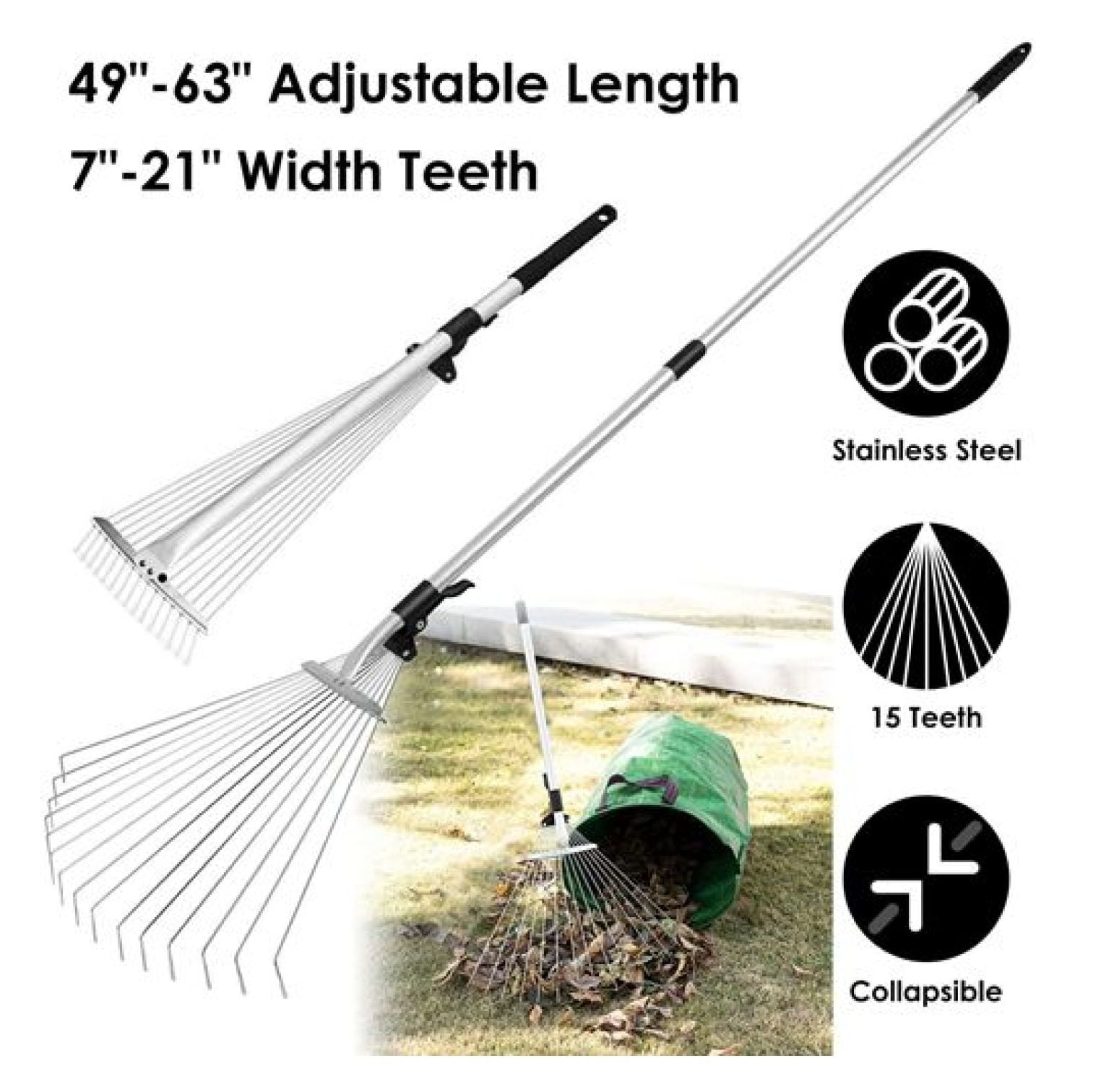 63in Adjustable Garden Leaf Rake 15 Teeth Expanding Stainless Steel ...