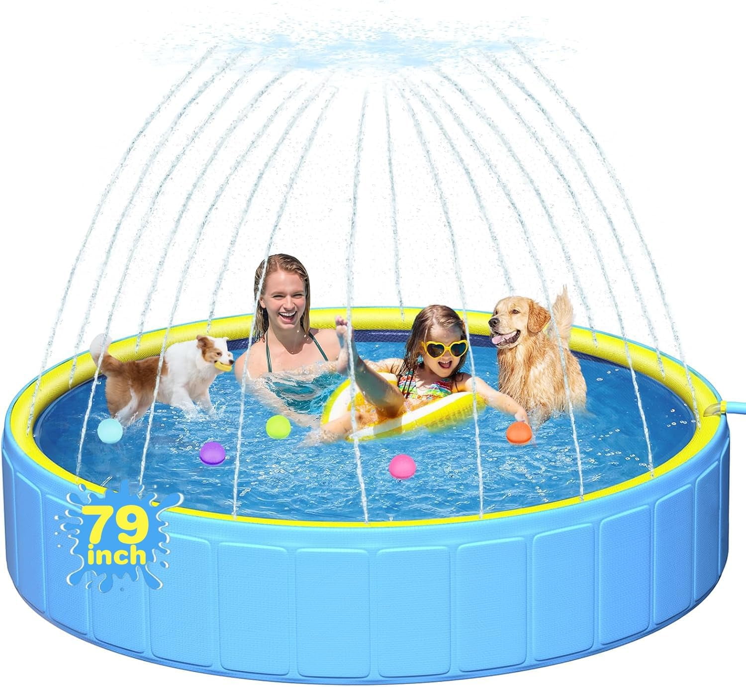 63in Sturdy Dog Pool with Sprinkler, 2-in-1 Non-Slip Kiddie/Kids Pool ...