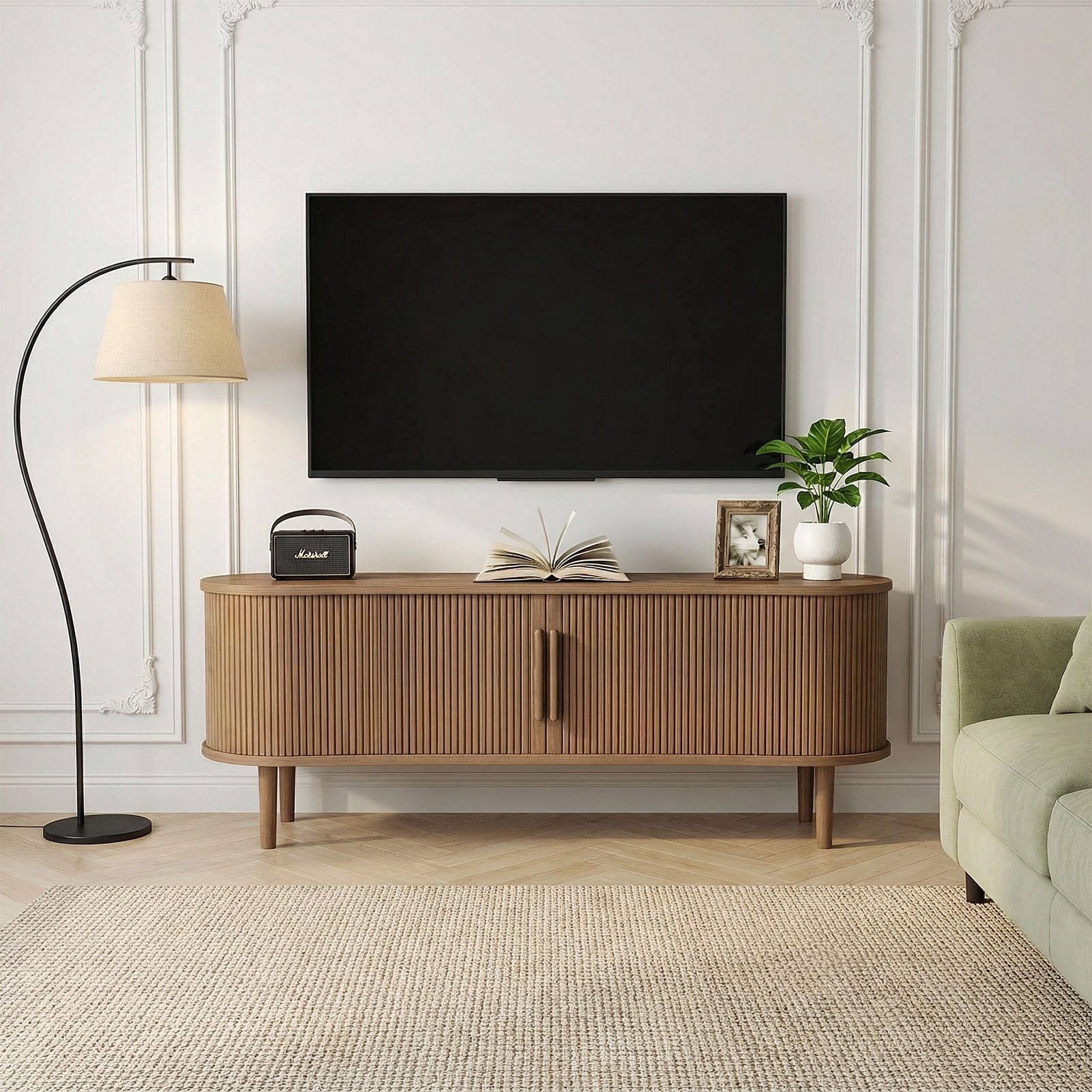 63in TV Stand, Modern Media Console Table with Sliding Door and Solid ...