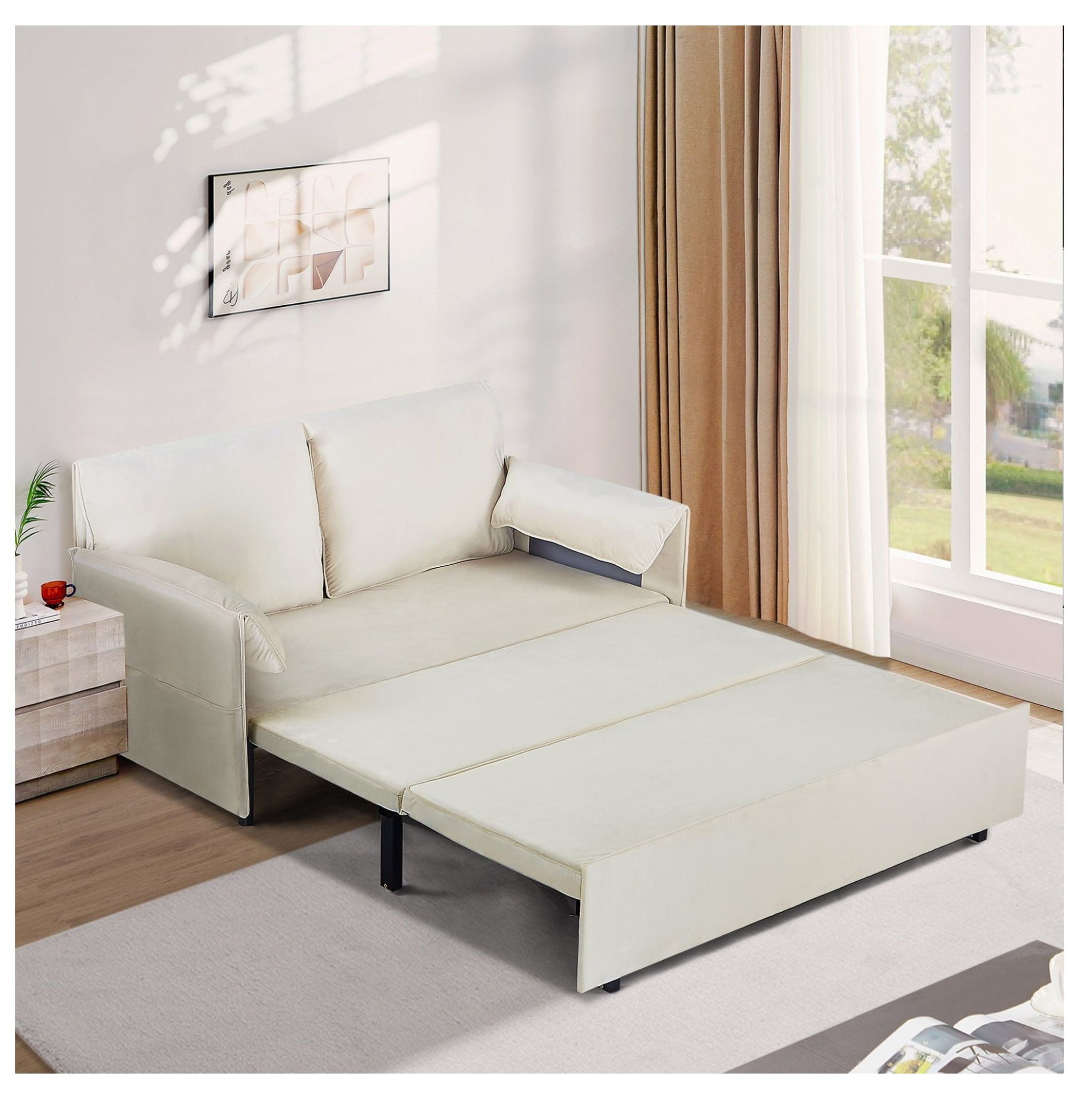 63inch Variable sofa bed with double armrest, Beige velvet fabric sofa ...