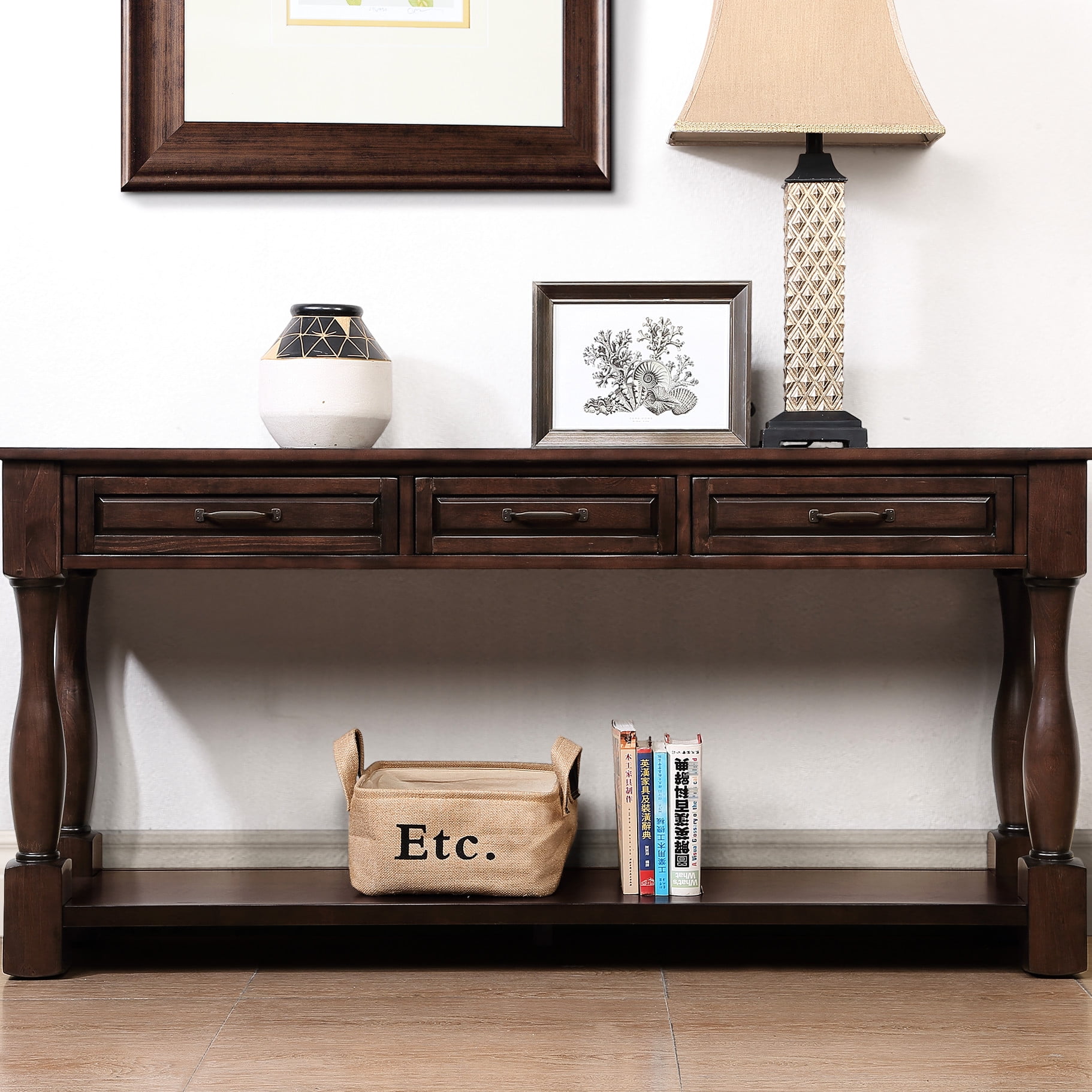 63inch Wood Console Table, 3 Drawers And 1 Shelf, Solid Build, Mid ...