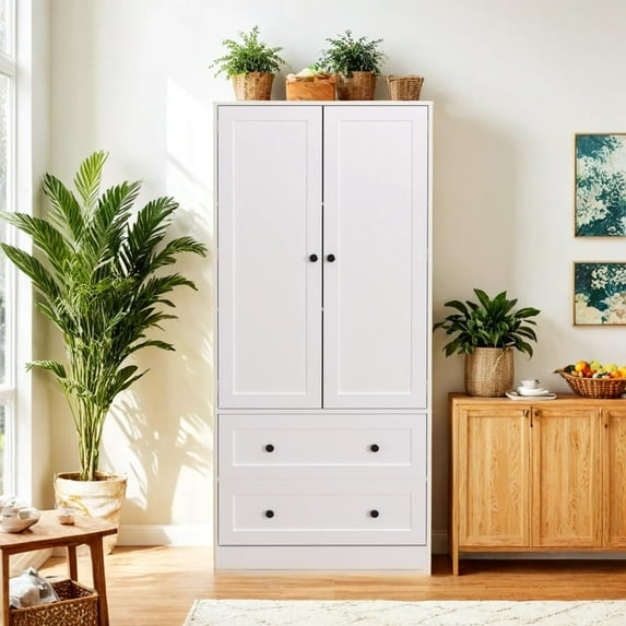 64.2" Tall White Kitchen Pantry, Storage Cabinet with Doors and Drawers ...