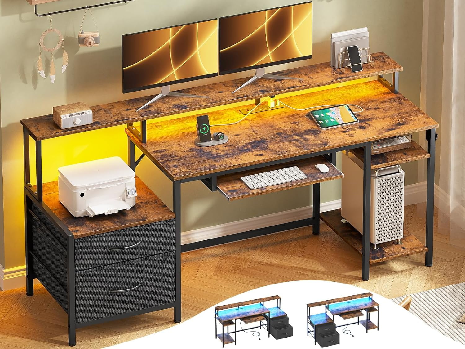 64.2in Computer Desk with Keyboard Tray, Reversible Gaming Desk with ...