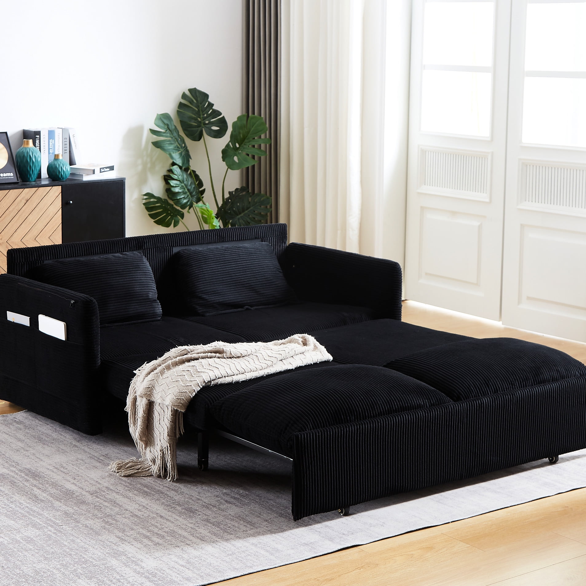 64.5 Inch Sleeper , Corduroy Upholstery, 31 Adjustable With Pullout, Side Pockets For Apartment ...