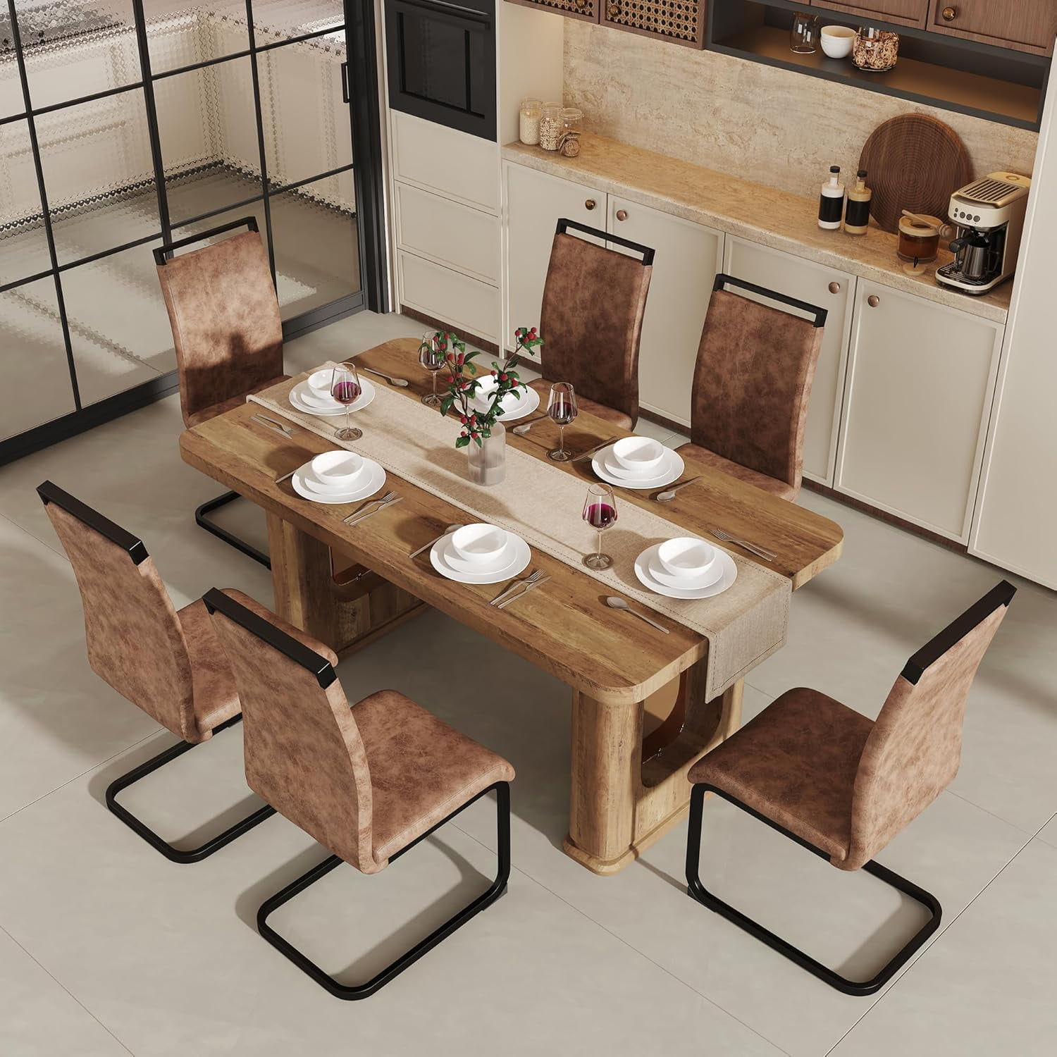 64.5 Inch Wood Dining Table Set for 6, Modern Dining Room Table Set ...
