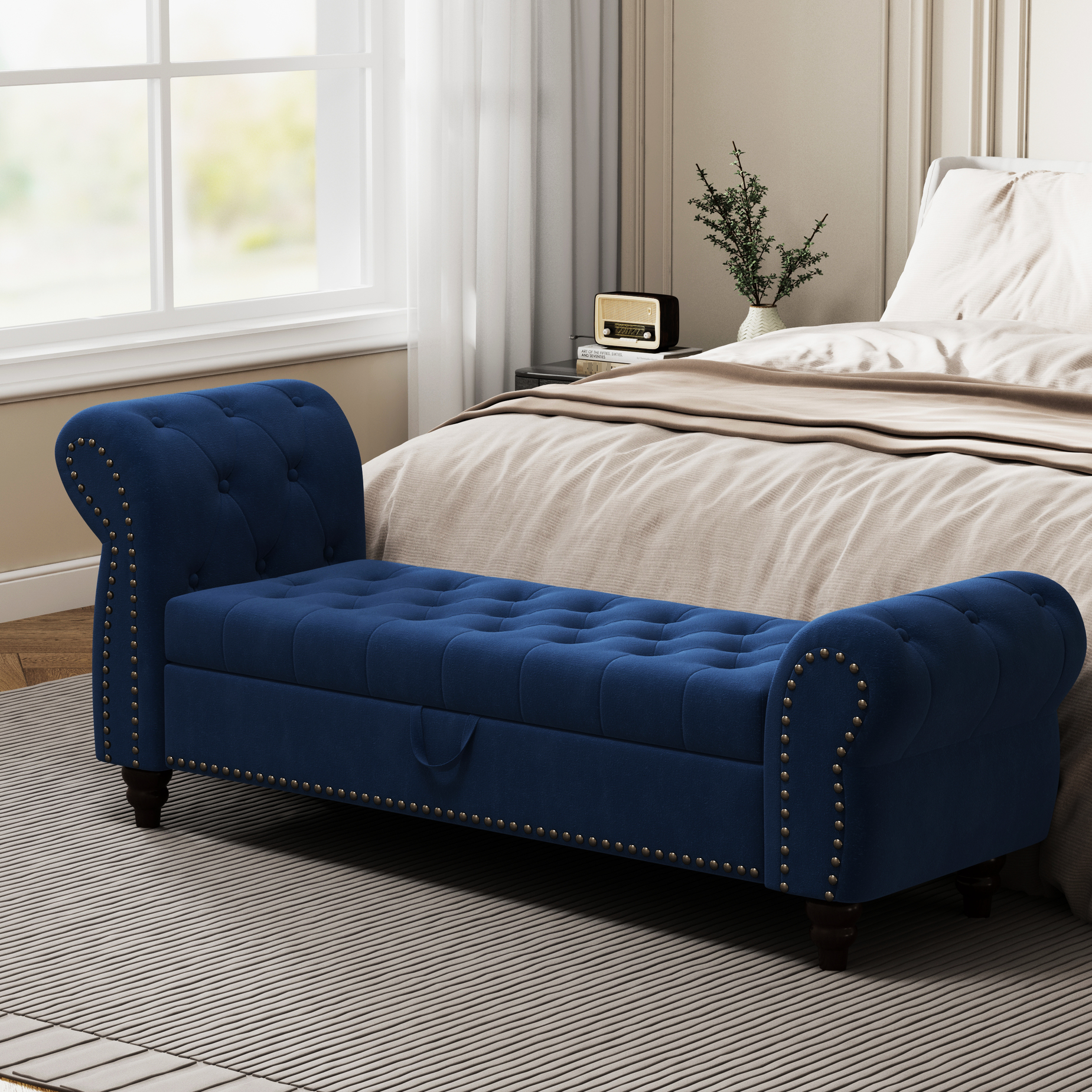 64.5" Navy Blue Velvet Bed Bench For Enhanced Bedroom Storage Bench ...