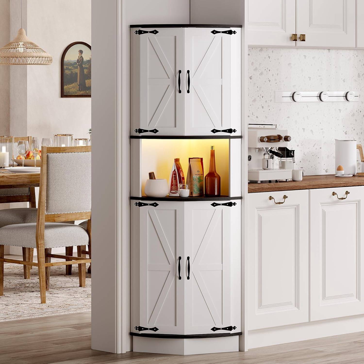 64.6" Farmhouse Tall Corner Cabinet with LED Lights & USB Charging ...