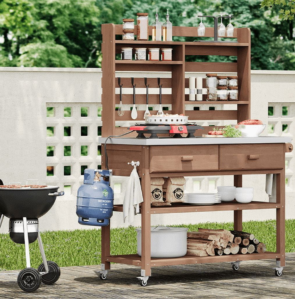 64.9"H Outdoor Potting Bench Table with 4 Lockable Wheels and Hooks ...