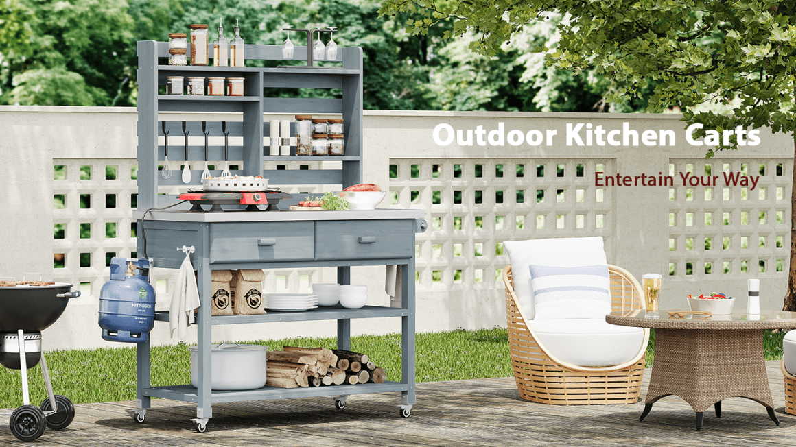 64.9"H Outdoor Potting Bench Table with Lockable Wheels, with Drawers ...