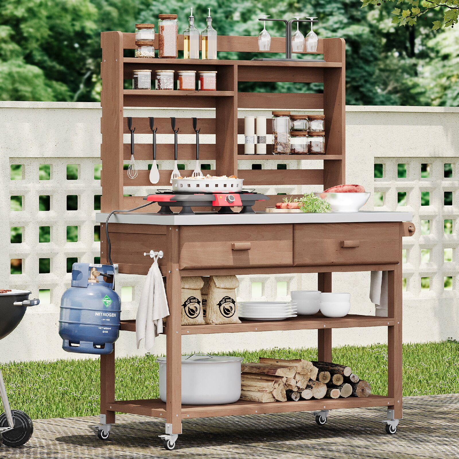 64.9"H Outdoor Potting Bench Table with Lockable Wheels, Solid Wood ...