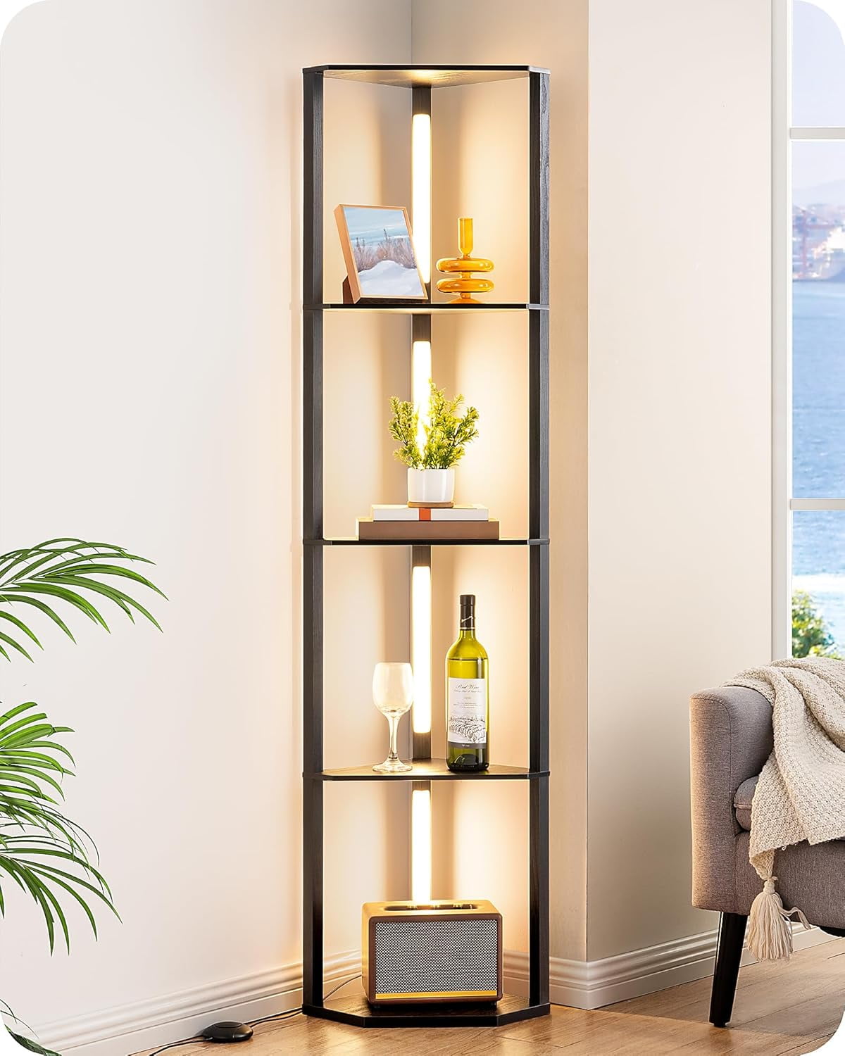 64" Corner Shelf with LED Light, Modern Floor Lamp with Shelves, 3CCT ...