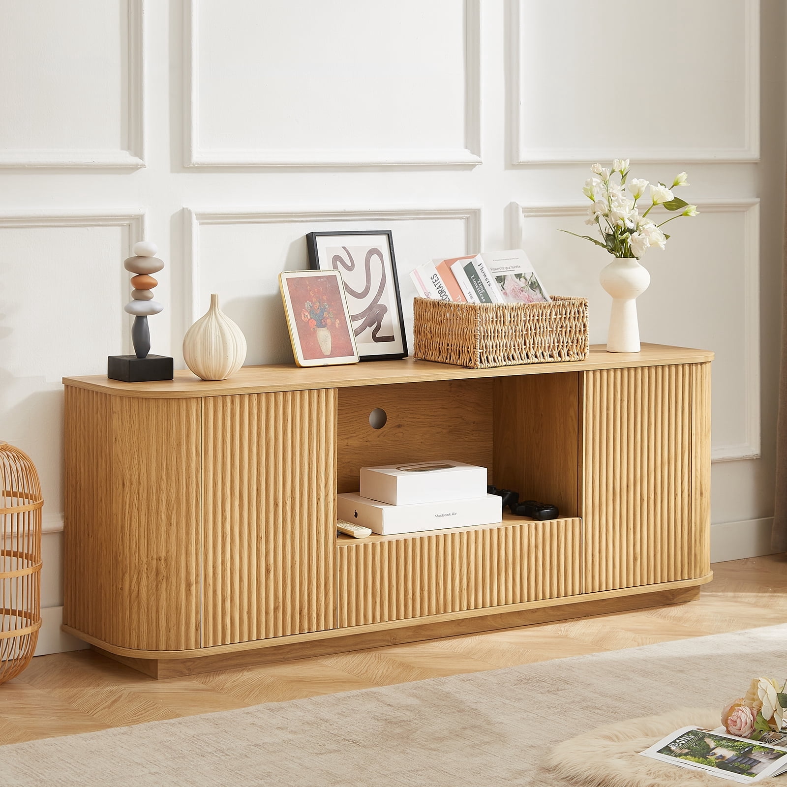 64" Fluted TV Stand, Entertainment Center for TVs Up to 65'',TV Media ...