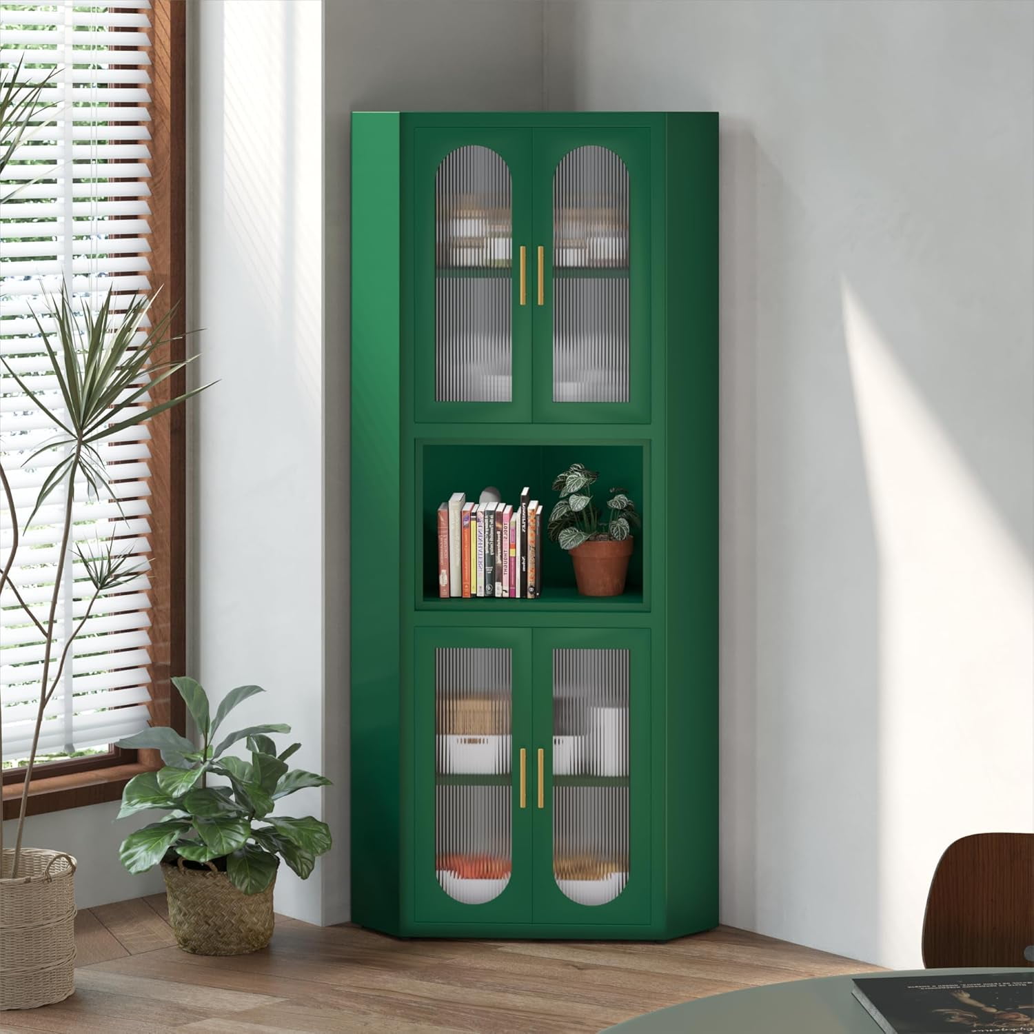 64" Green Metal Corner Storage Cabinet, 5-Tier Modern Fluted Side Free ...