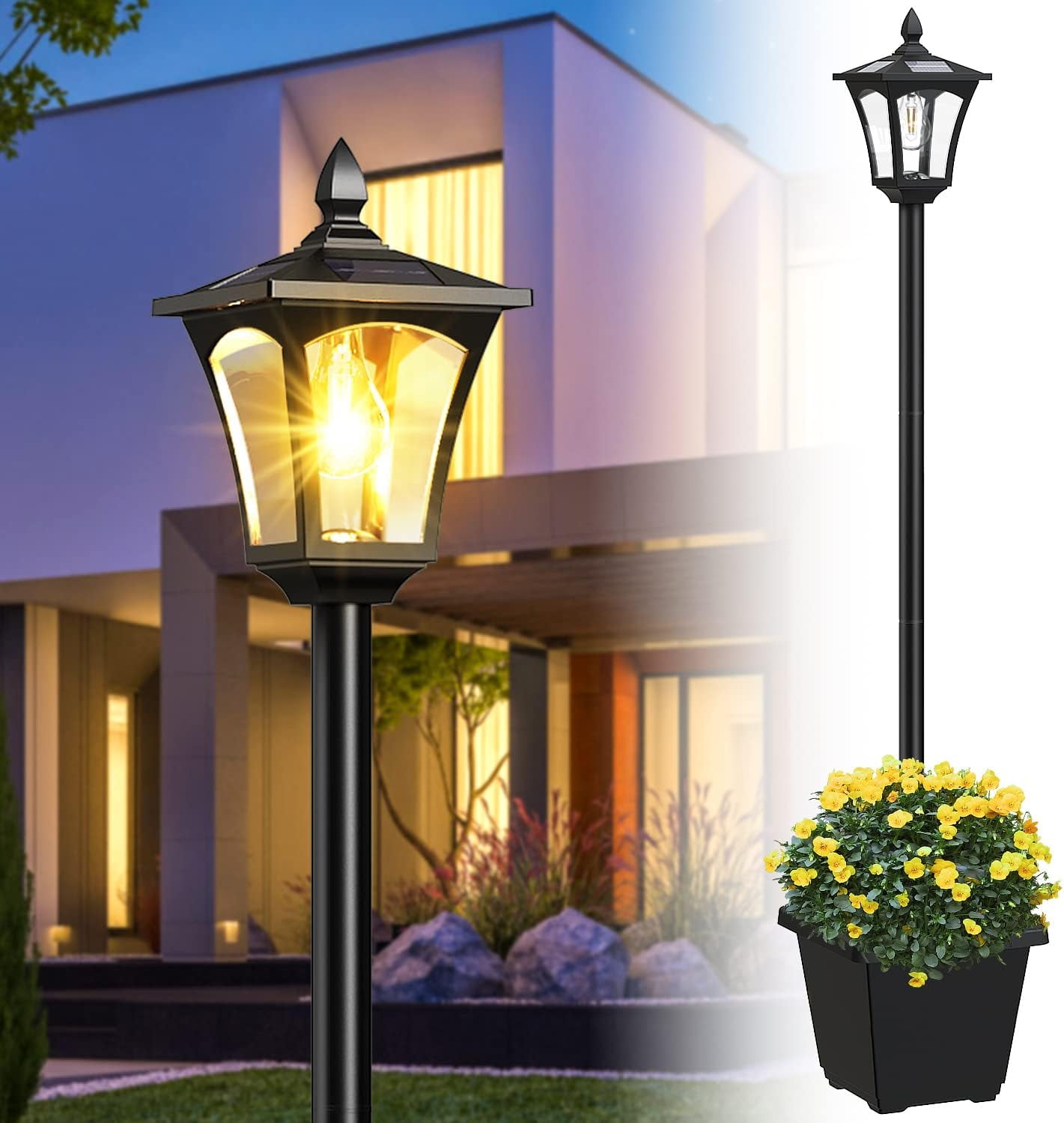 64 Inch Solar Outdoor Lamp Post Light with Planter, 60 High Lumen Solar ...