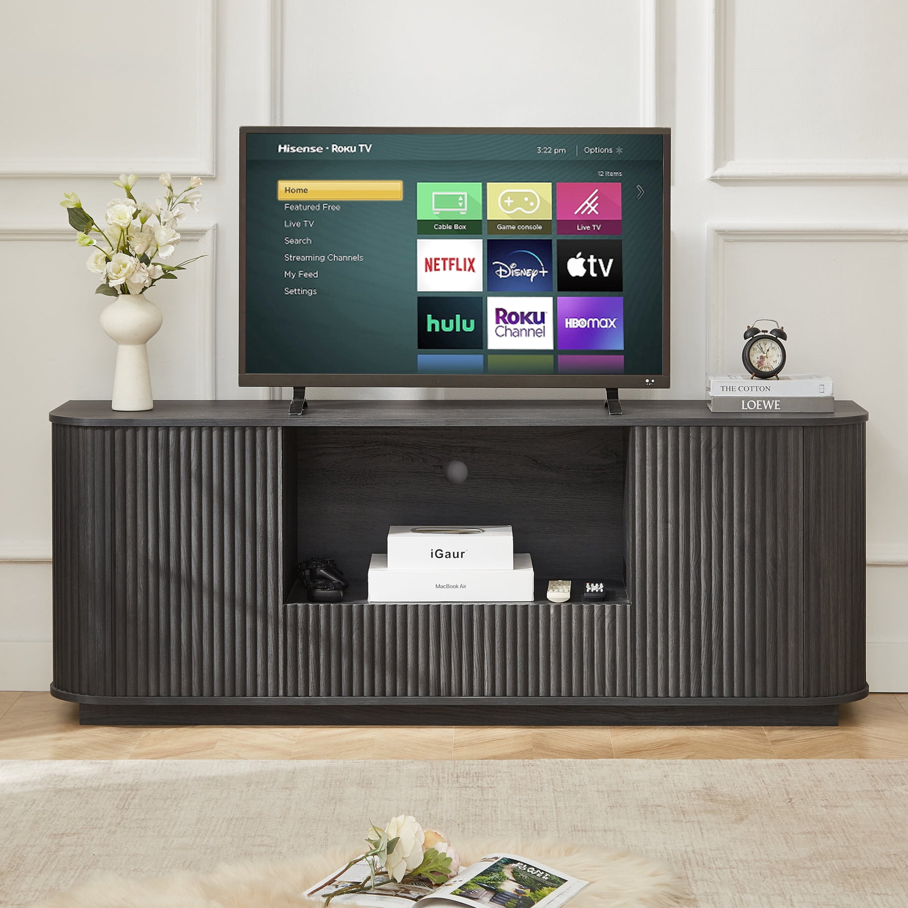 64 Inch Wavy TV Stand Entertainment Center with Storage Cabinets Drawer ...