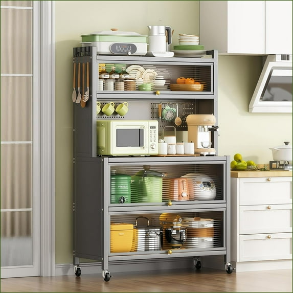 64” Kitchen Pantry Storage Cabinet, 5-Tier Metal with Wheels ...