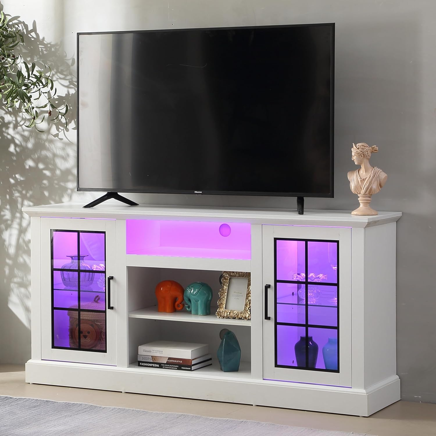 64"" LED TV Stand, White TV Stand for 70 inch TVs, Entertainment Center ...