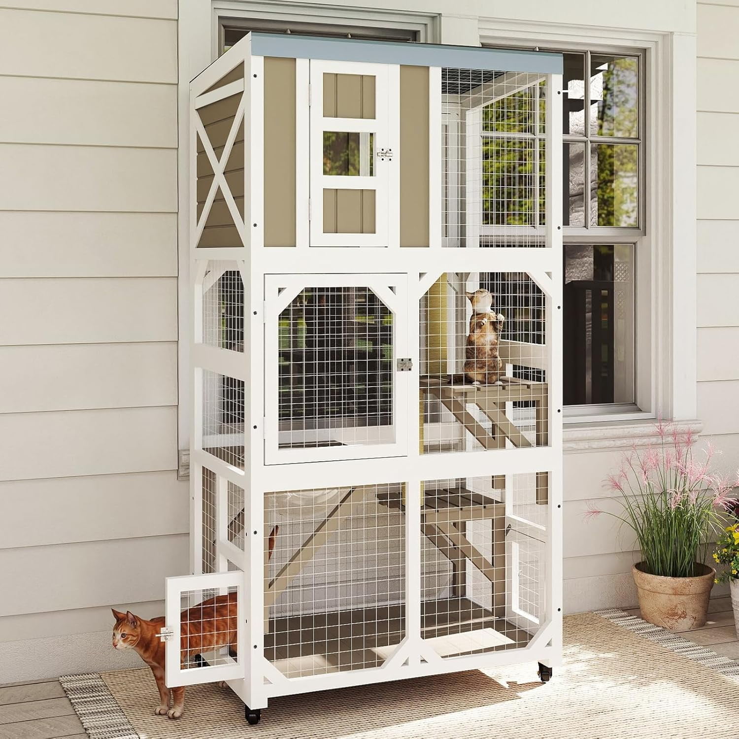 64" Large Wooden Catio Outdoor Cat Enclosure, Window Cat House with ...