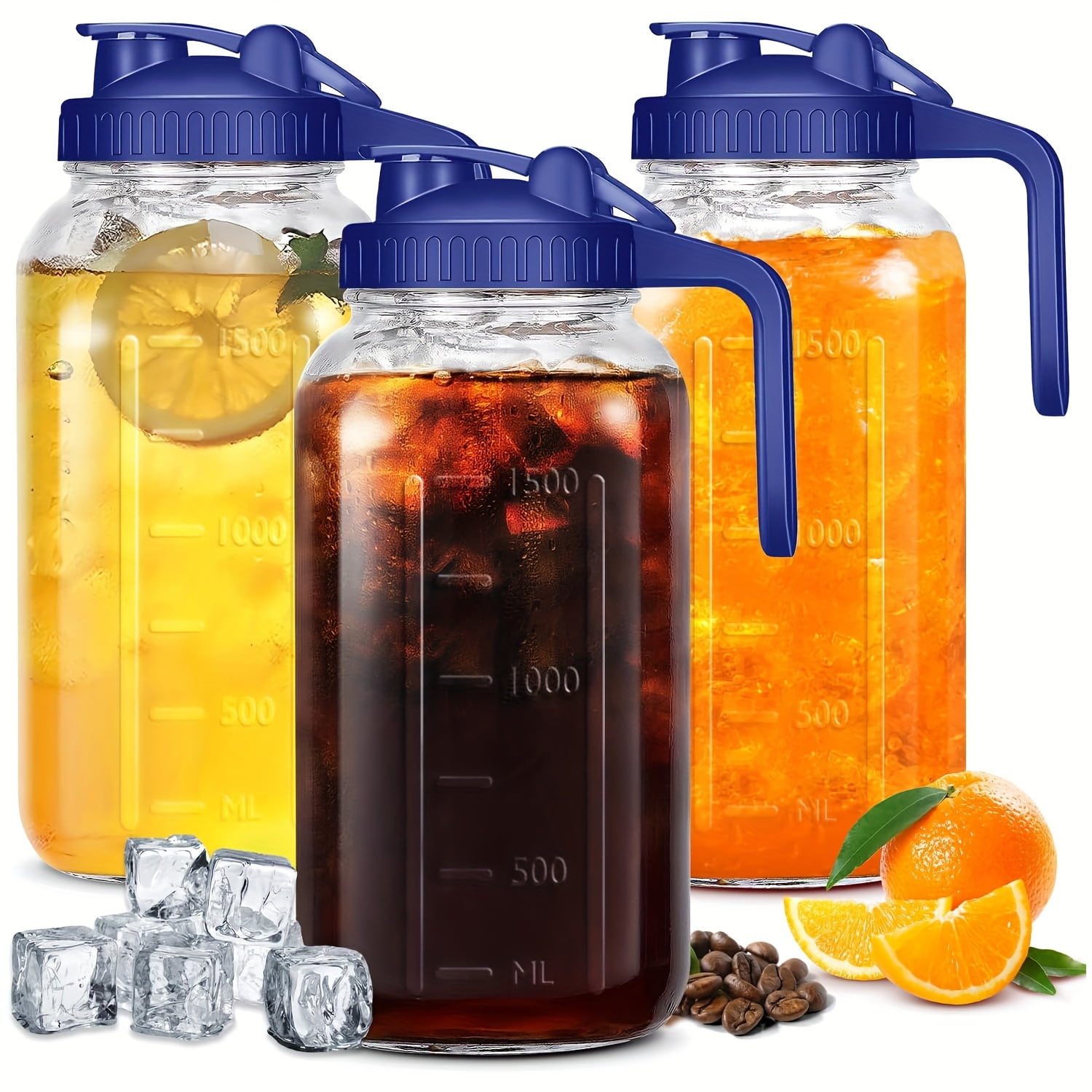 64 OZ Grey Kitchen Glass Mason Jar Pitcher - Wide Mouth Double Leak ...