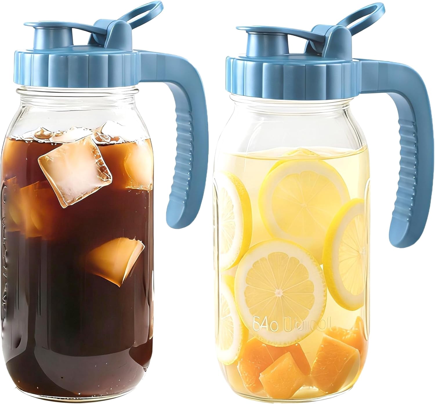 64 Oz Glass Pitcher With Lid 2 Set Half Gallon Wide Mouth Mason Jar ...