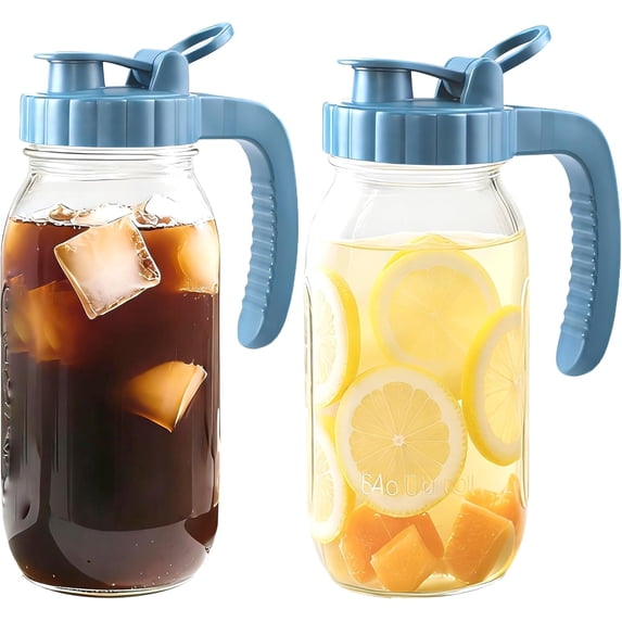 64 Oz Glass Pitcher With Lid 2 Set Half Gallon Wide Mouth Mason Jar ...