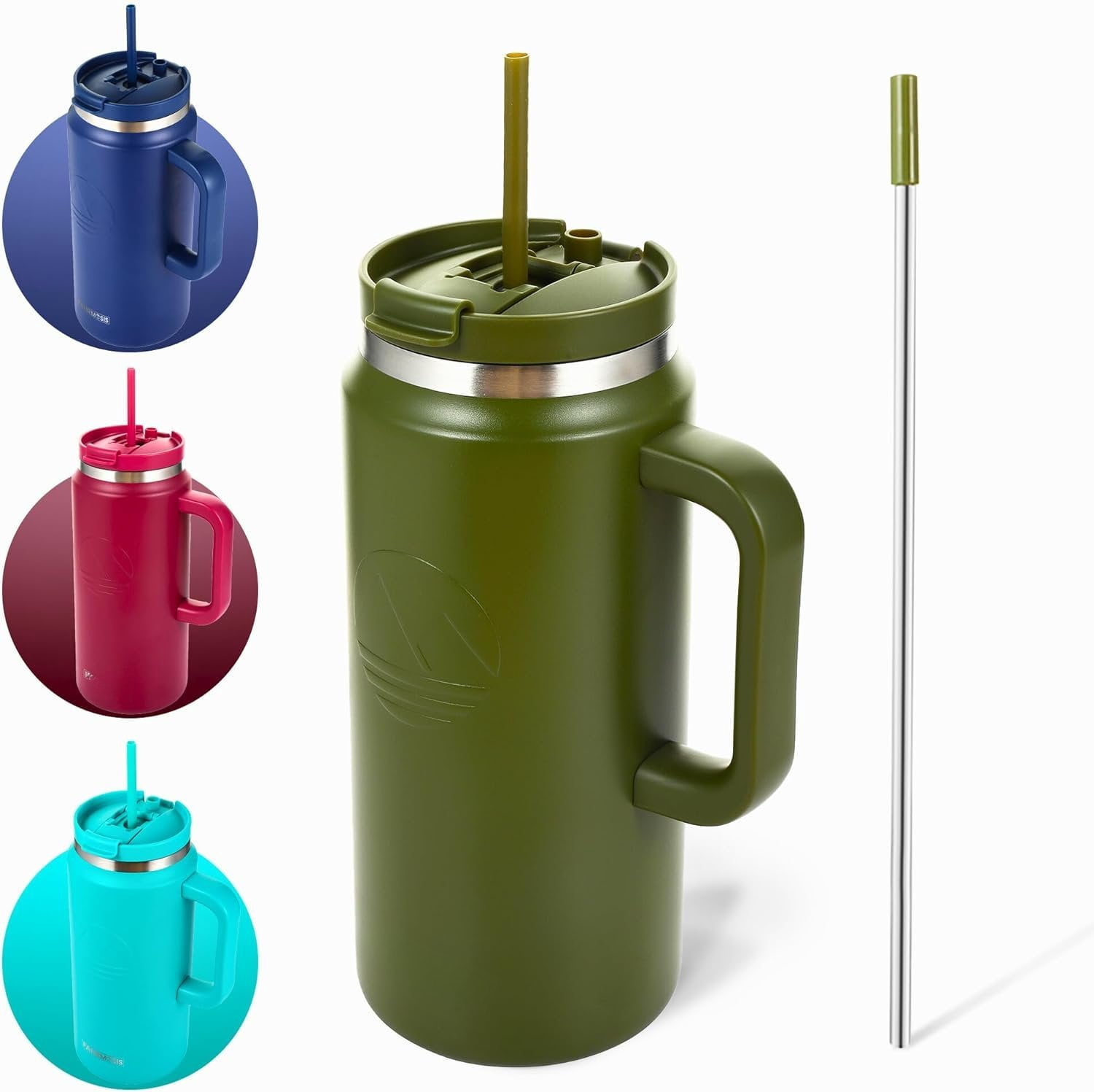 64 Oz Tumbler with Handle and Straw Half Gallon Water Bottle Stainless ...
