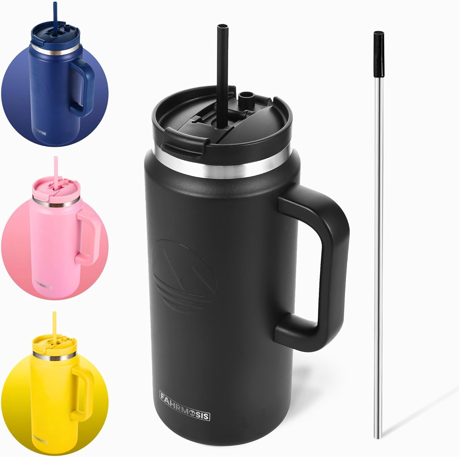 64 Oz Tumbler with Handle and Straw Half Gallon Water Bottle Stainless ...