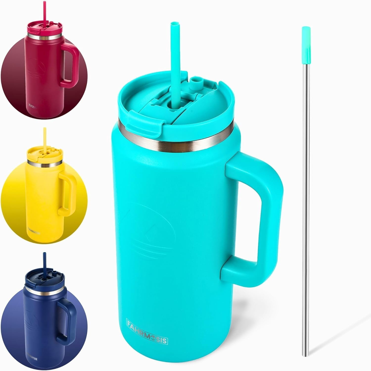64 Oz Tumbler with Handle and Straw Half Gallon Water Bottle Stainless ...