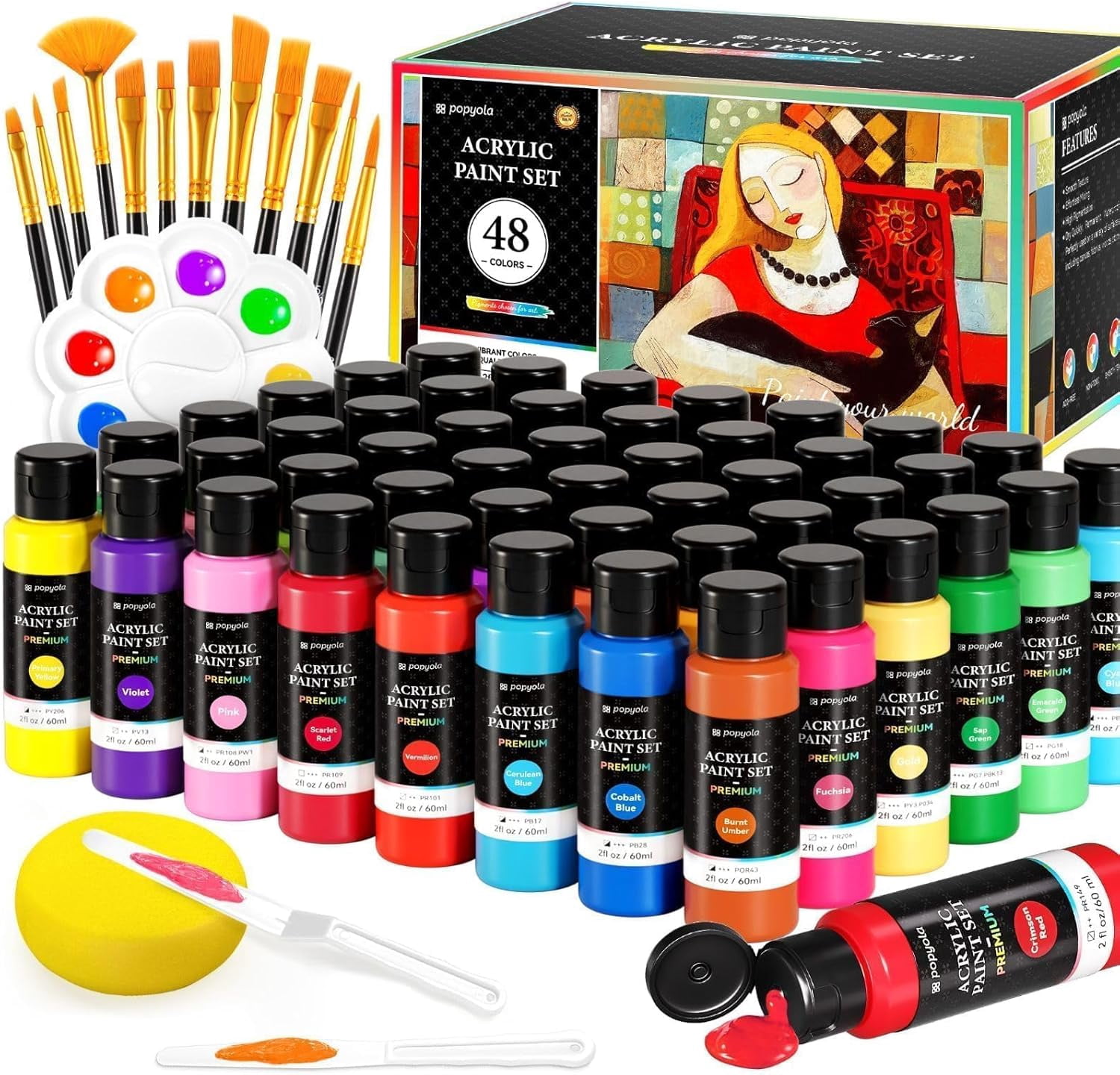 64 PCS Acrylic Paint Set with 12 Brushes, 2 Knives, Palette and Sponge ...
