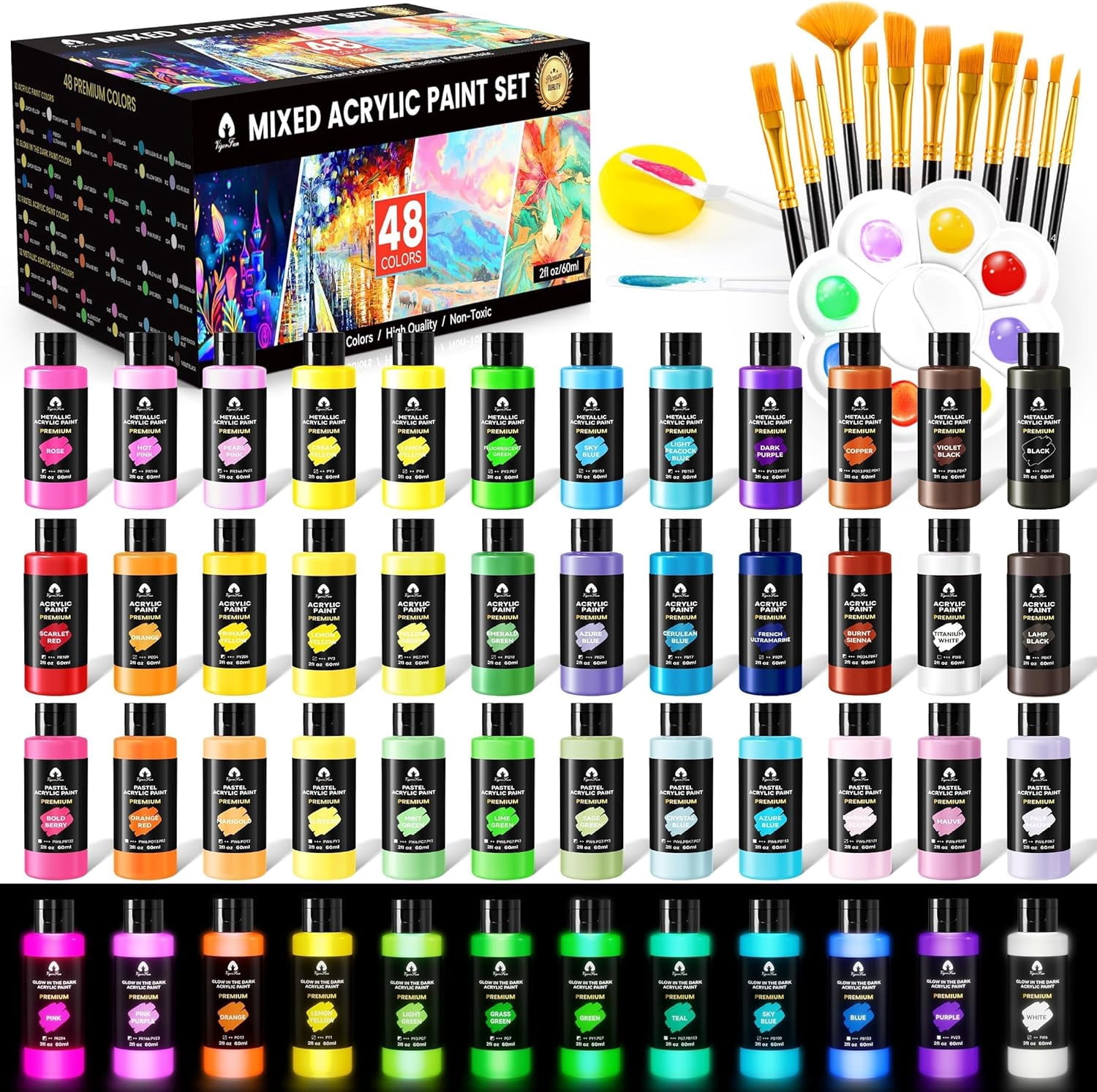64 PCS Classic & Pastel & Metallic & Glow in the Dark Acrylic Paint Set ...