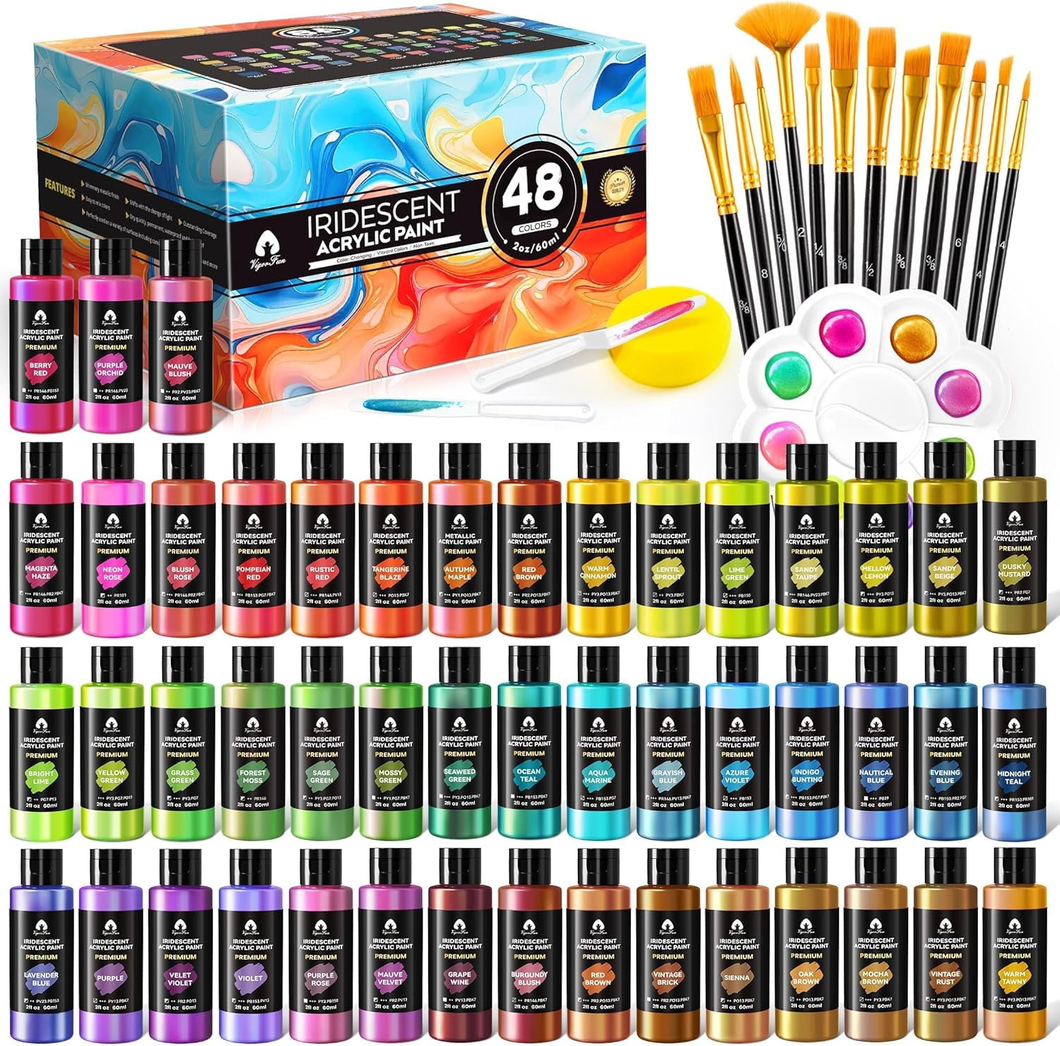 64 PCS Iridescent Acrylic Paint Set with 12 Brushes, 2 Knives and ...