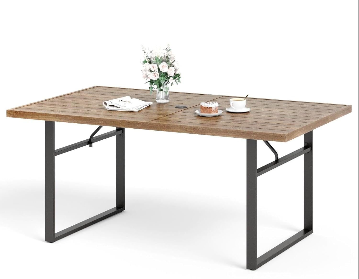 64" Patio Dining Table for 6,Teak Color Rectangle Patio Table with ...