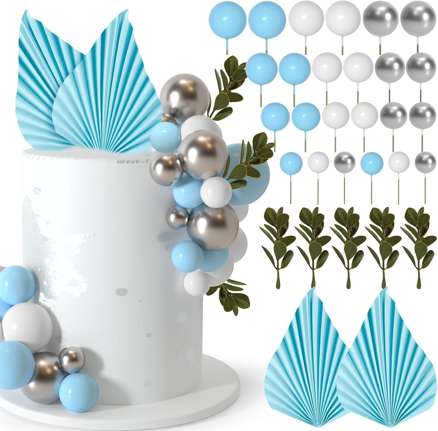 64 Pcs Balls Cake Toppers and Leaves Decoration Set Mini Balloons for ...