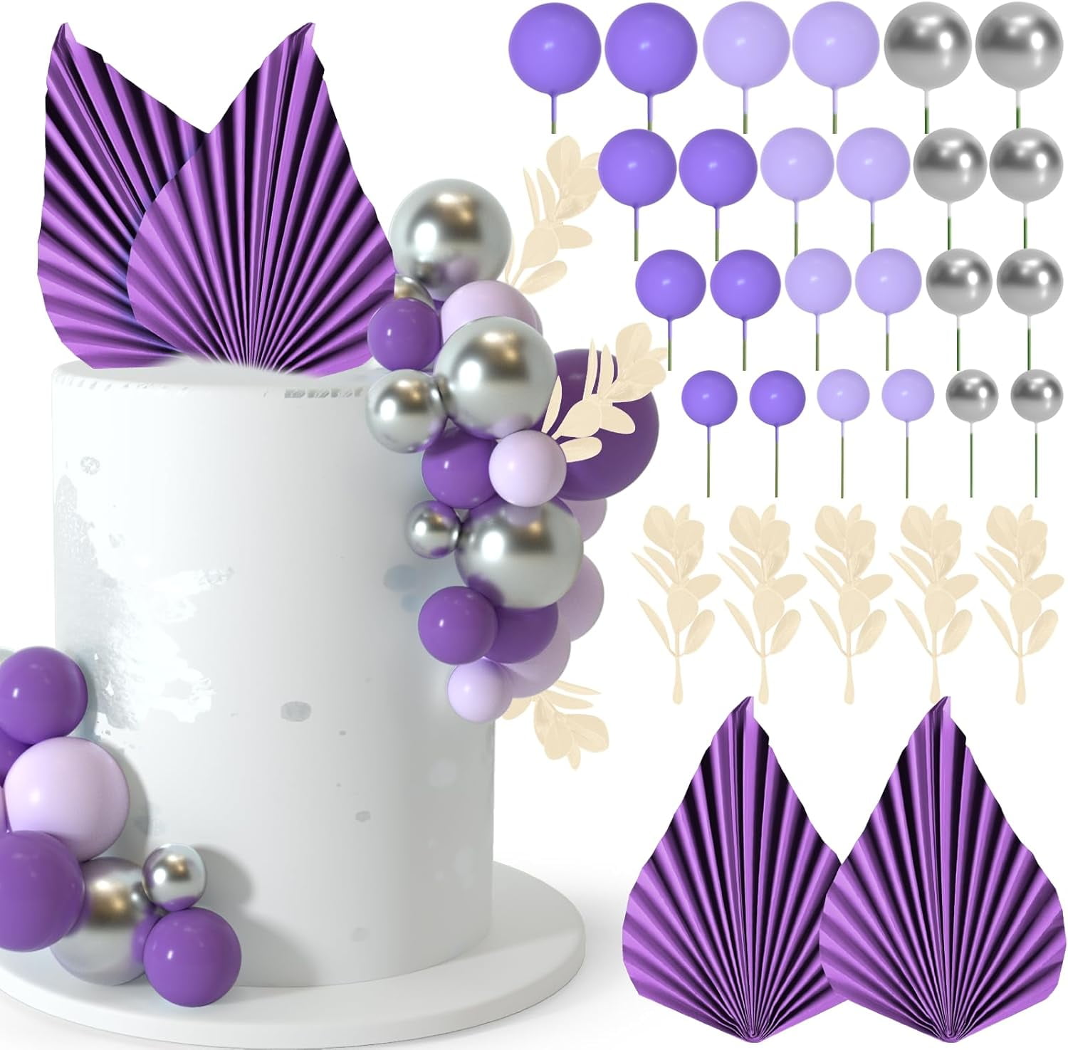 64 Pcs Balls Cake Toppers and Leaves Decoration Set Mini Balloons for ...