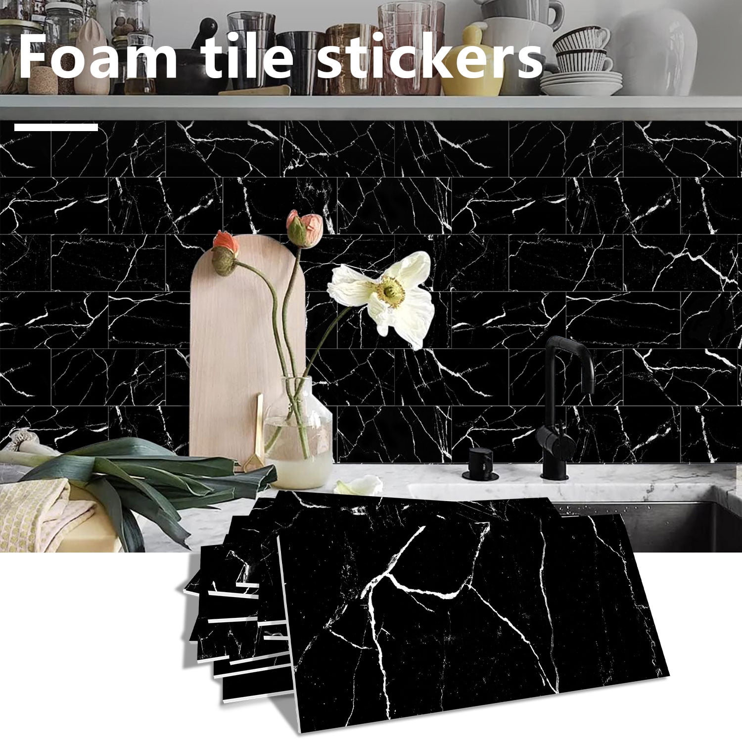 64 Pcs Black Marble Tile Wall Stickers Backsplash Tiles Peel And Stick ...