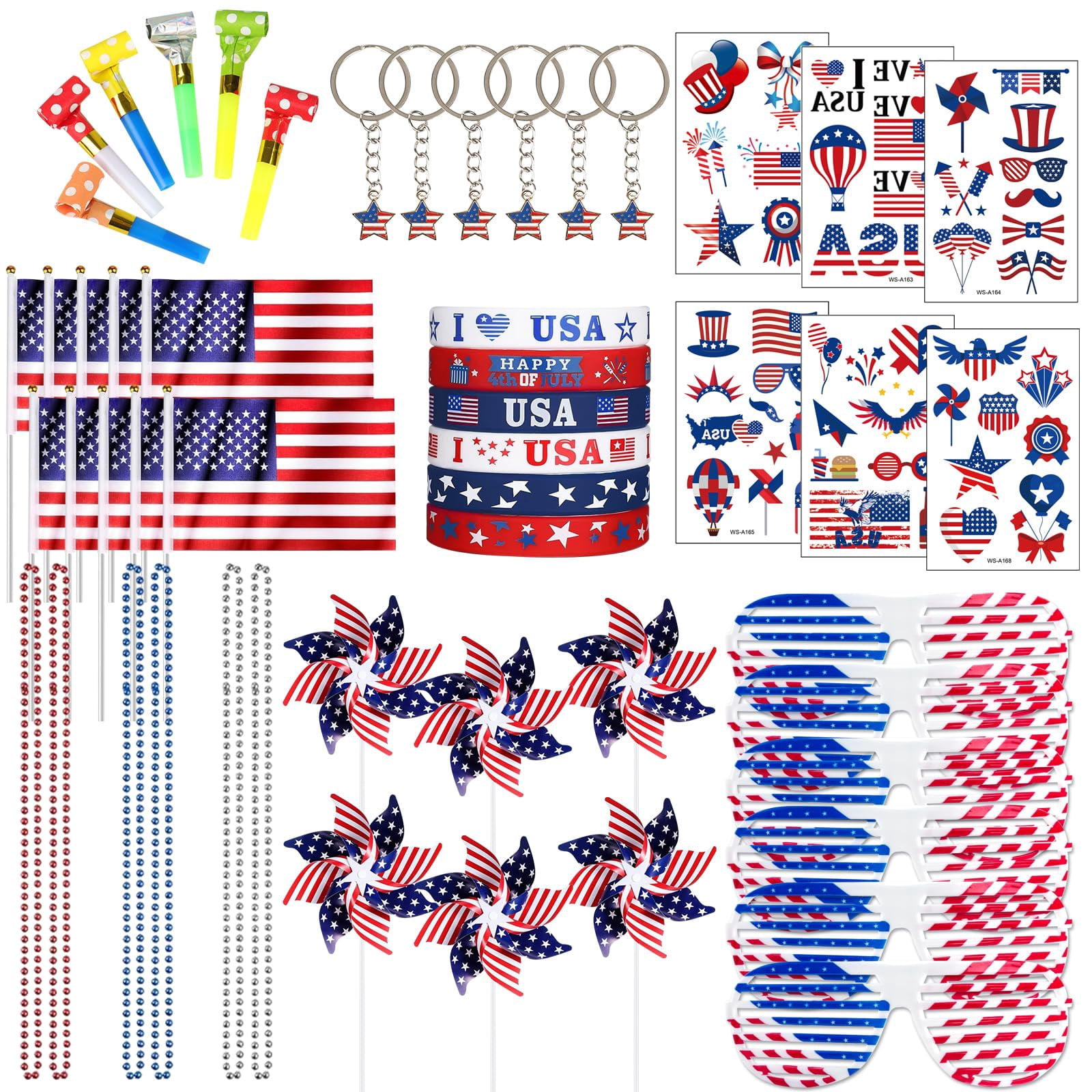 64 Pcs Patriotic Party Favors 4th of July Accessories Include Glasses Pinwheels Necklaces ...