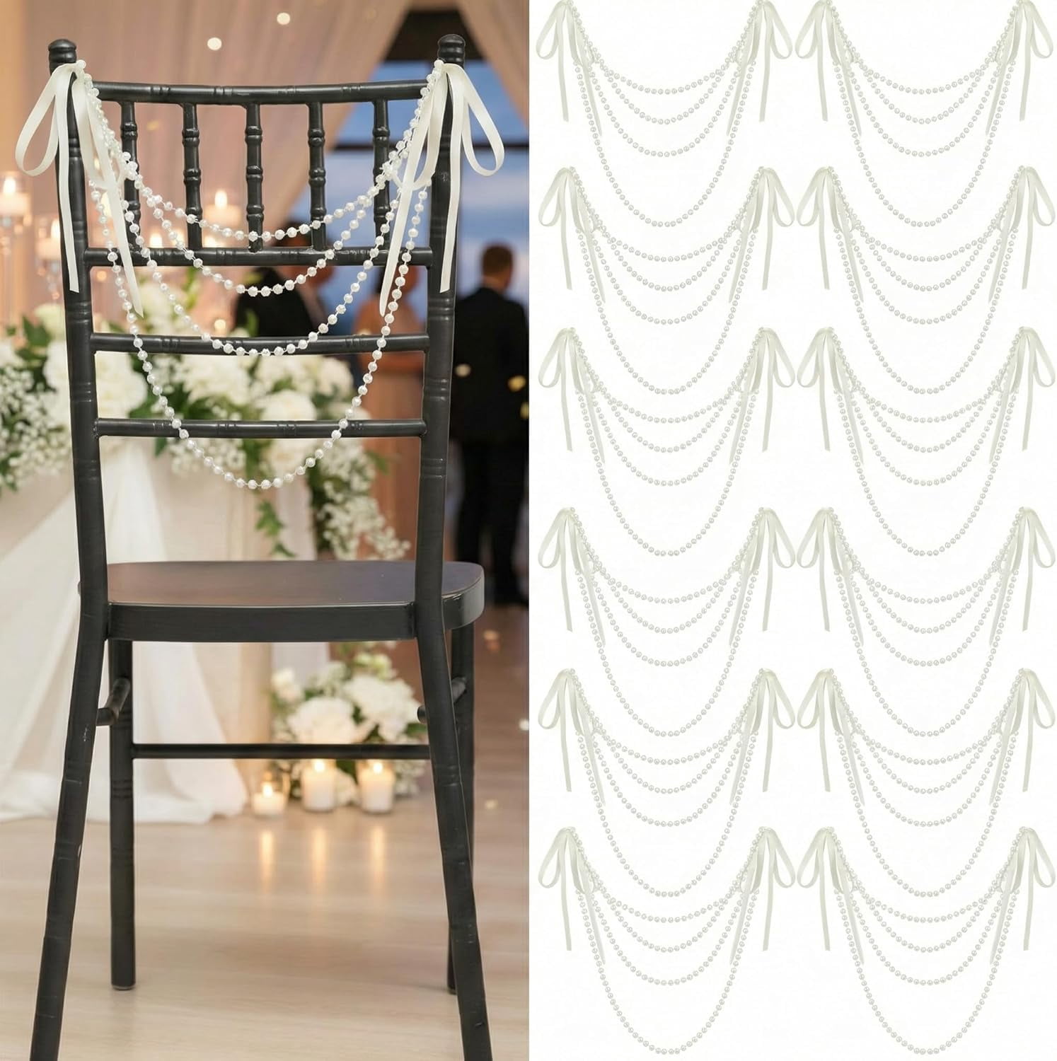64 Pcs Wedding Pearl Bow Chair Decor Satin Ribbon Bows with Pearl ...