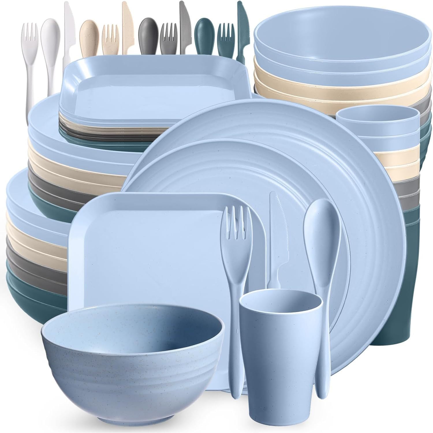 64 Pcs Wheat Straw Dinnerware Sets Bulk Unbreakable Plates Lightweight ...