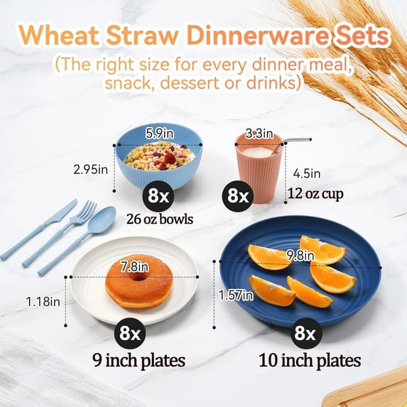 64-Piece Black Wheat Straw Dinnerware Set for 8 - Reusable Plates Bowls ...
