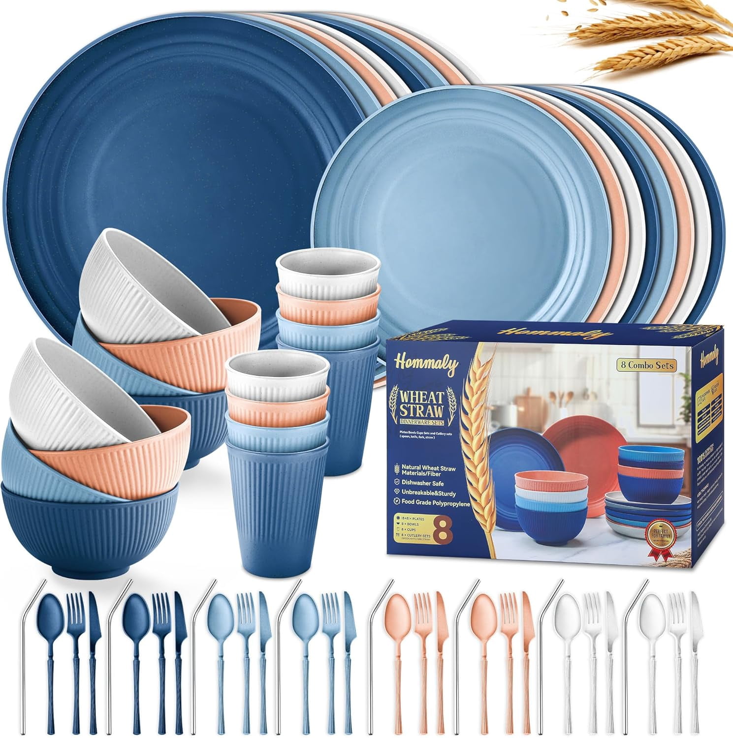 64-Piece Unbreakable Reusable Dinnerware Set for 8 — Plates, Bowls ...