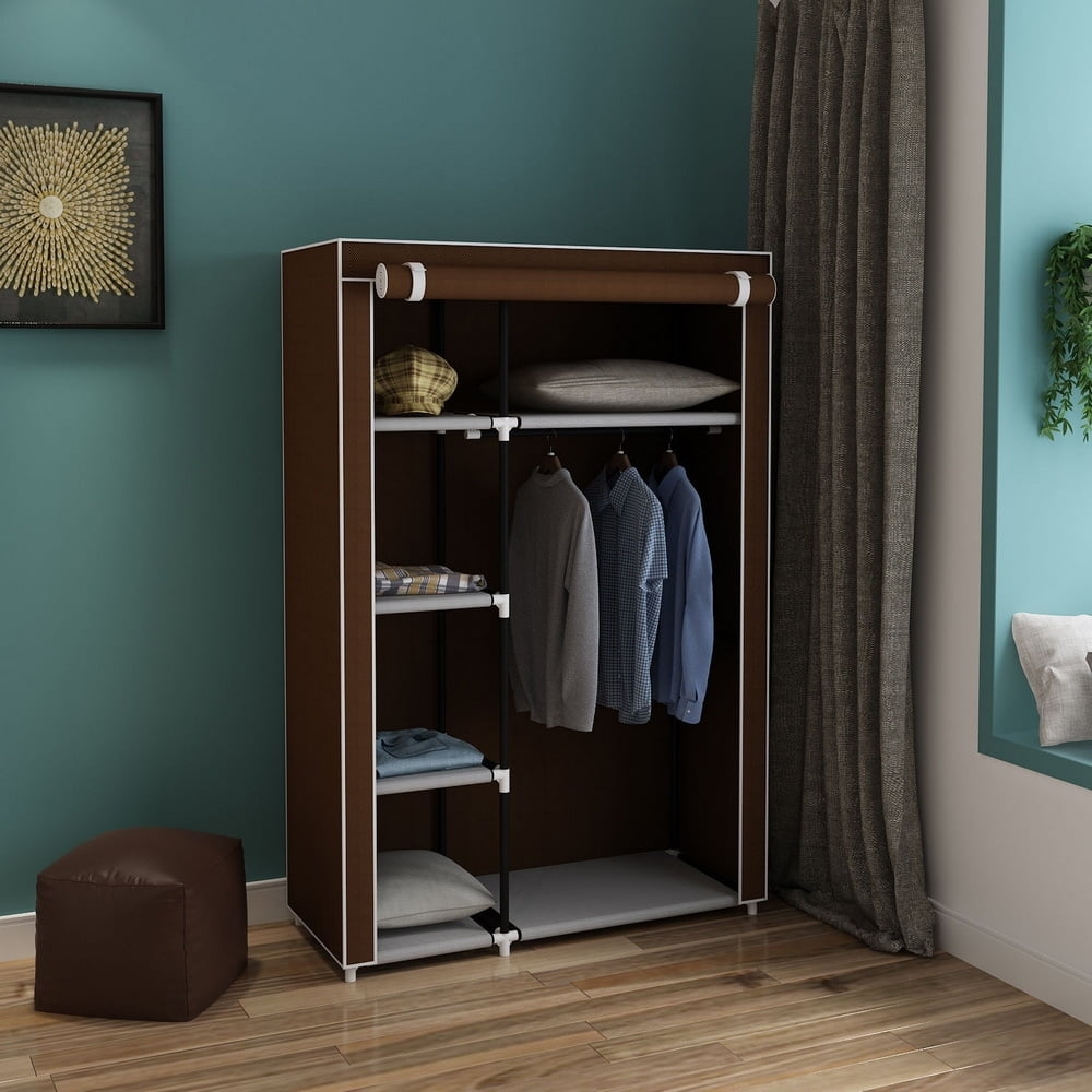 64" Portable Clothes Closet Wardrobe Double Rod Storage Organize Brown ...