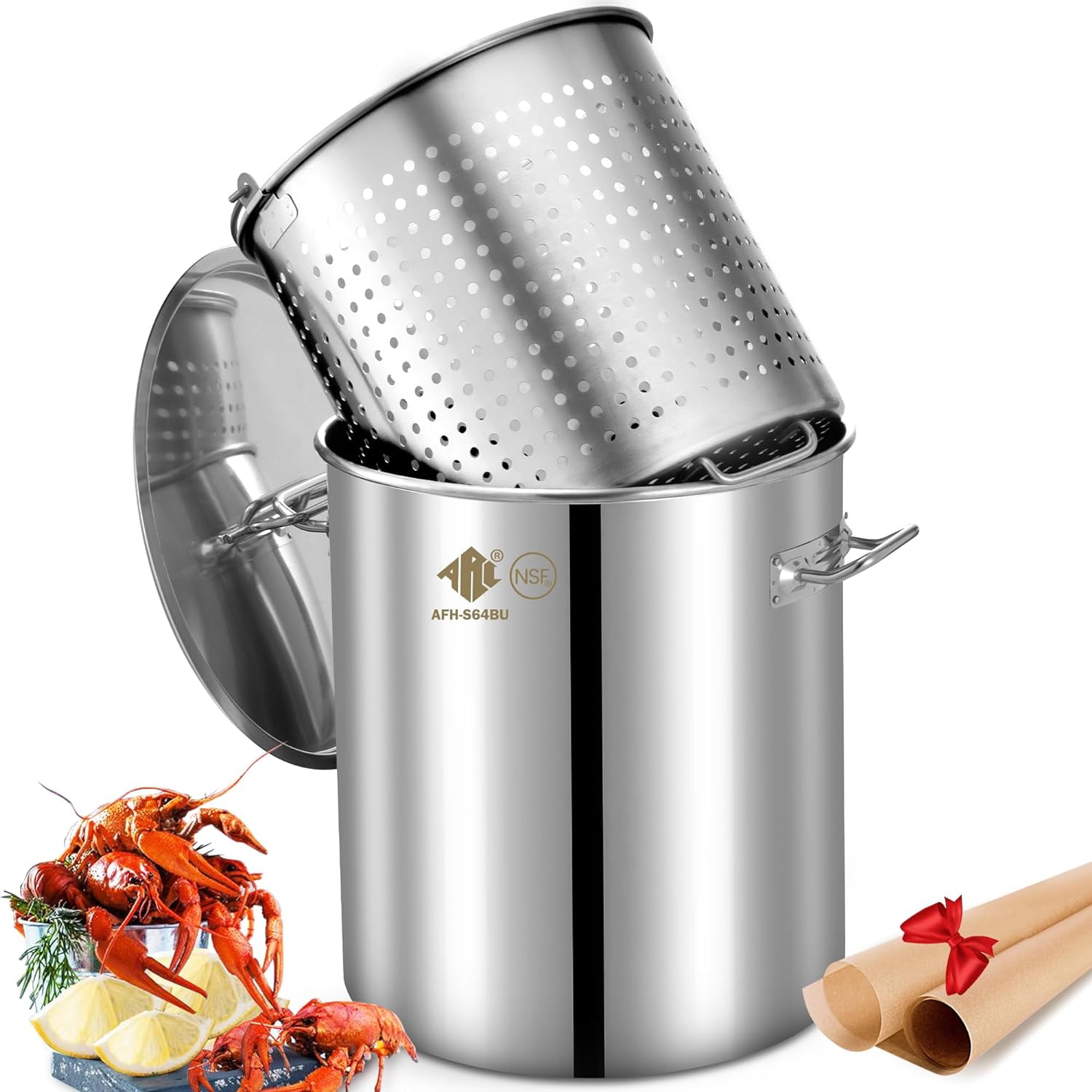 64-Quart Stainless Steel Seafood Boil Pot with Basket and Two Brown ...
