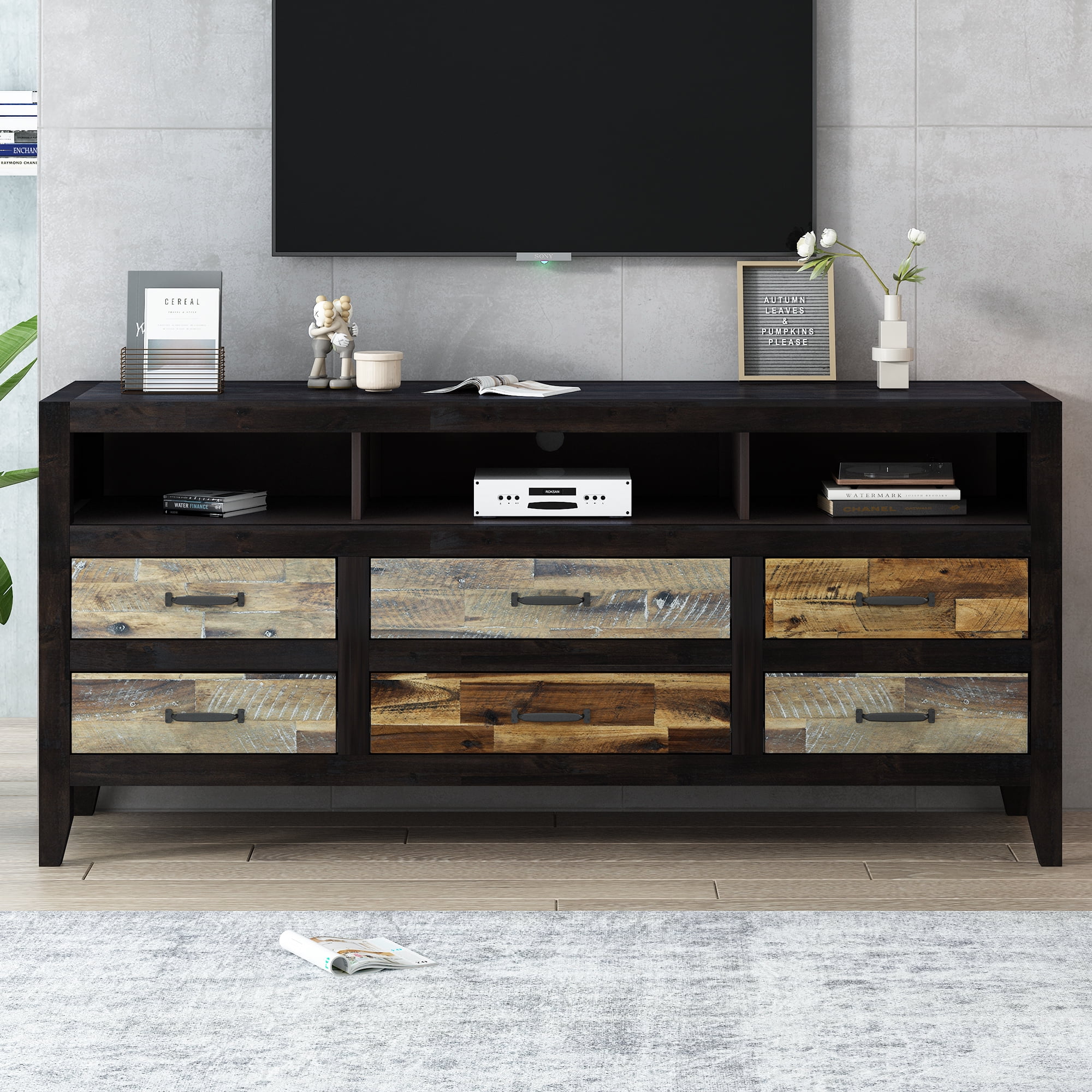 64" Retro Distressed Wood TV Stand with 6 Drawers – Solid Pine Media ...