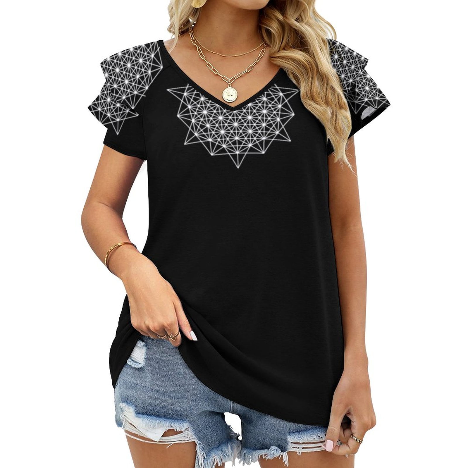 64 Star Tetrahedron Sacred Geometry Lotus Leaf Neck T-Shirt Long Sleeve ...