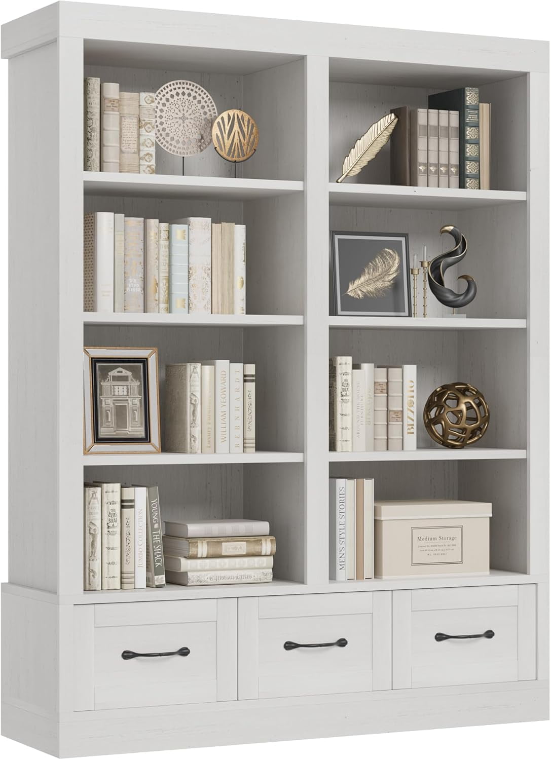 64" Tall Bookshelf with 3 Storage Drawers – 4-Tier Double Wide Open ...