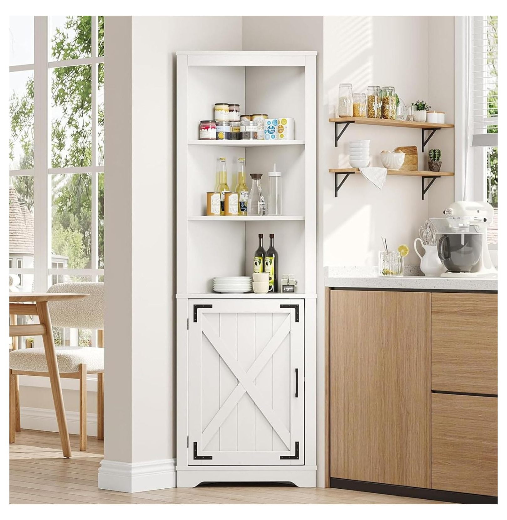 64" Tall Corner Cabinet, 5-Tier Farmhouse Corner Storage Cabinet with ...