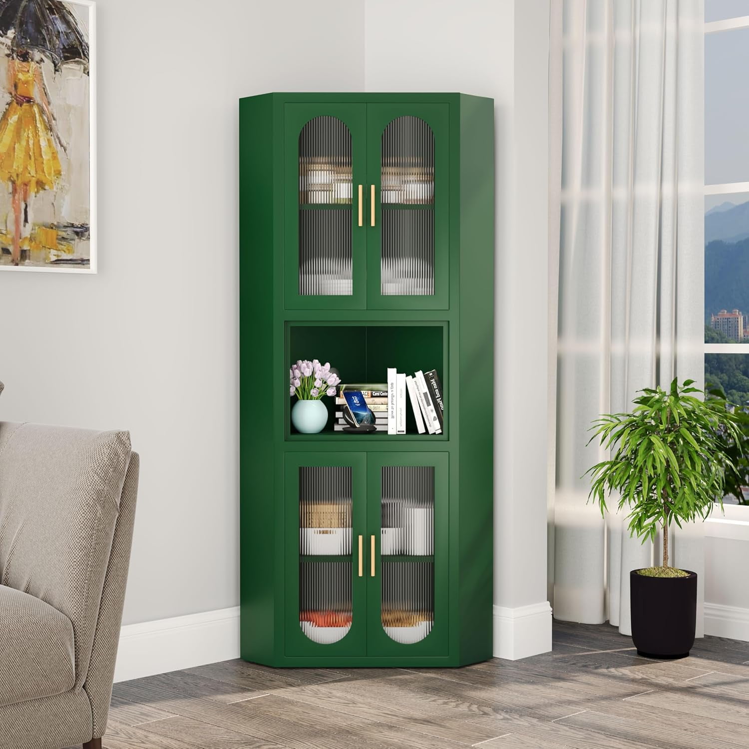 64" Tall Metal Corner Storage Cabinet with Acrylic Glass Doors ＆ Open ...