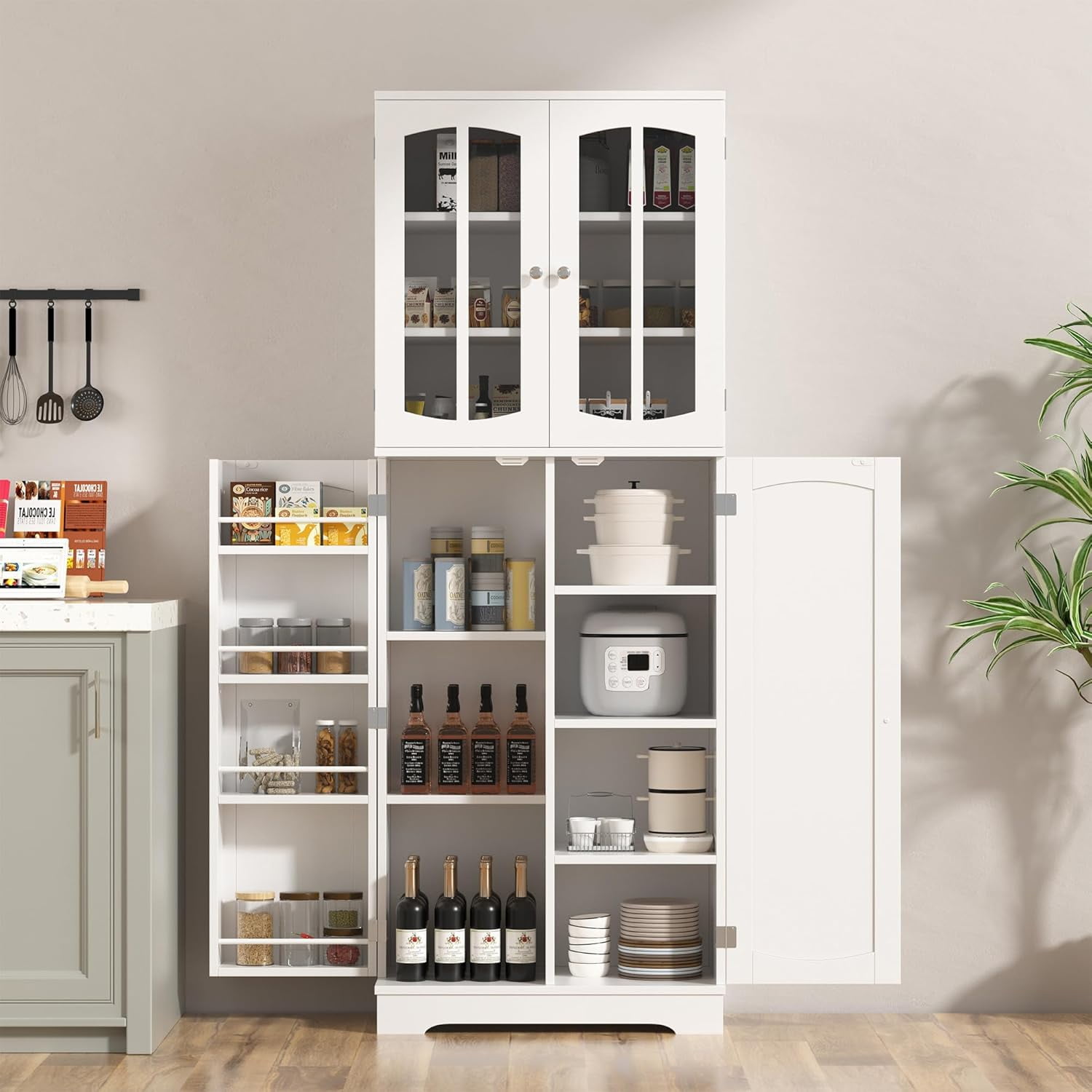 64" Tall Pantry Cabinet with Glass Doors, Kitchen Storage Cabinet with ...