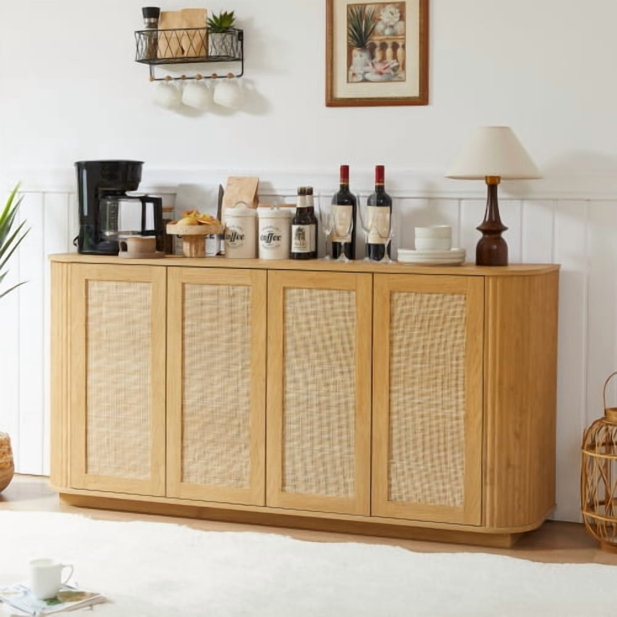 64" Wave-Shaped TV Stand - Rattan Door Storage Cabinet, Buffet ...